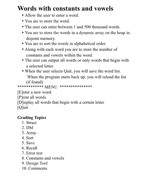 Solved Words with constants and vowels Allow the user to | Chegg.com