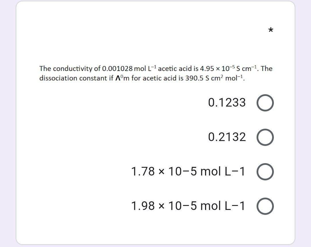 Solved * The conductivity of 0.001028 mol L-1 acetic acid is | Chegg.com