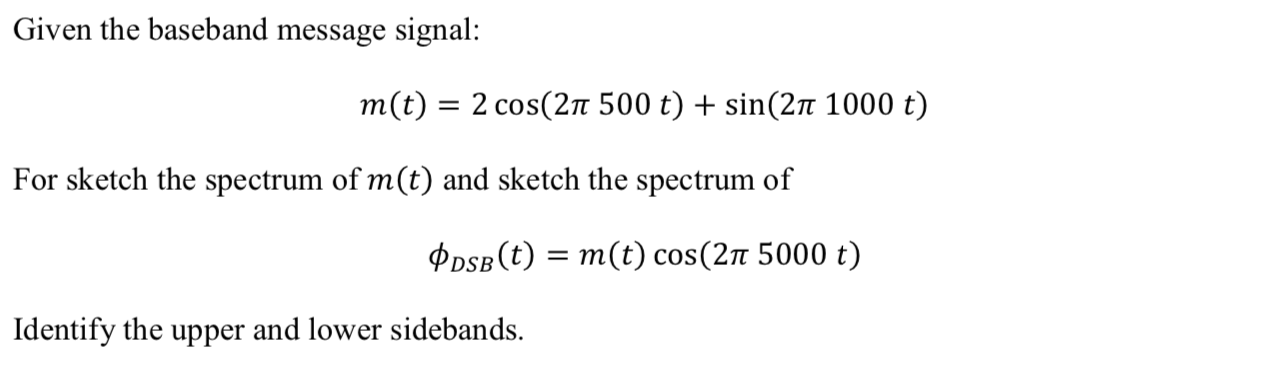 Solved Given the baseband message signal: m(t) = 2 cos(21 | Chegg.com