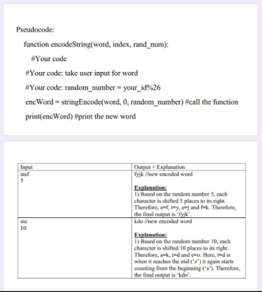 Solved Pseudocode: function encodeString(word, index, | Chegg.com