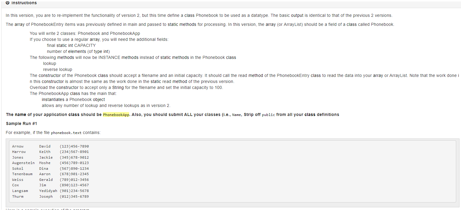 Solved You will write 2 classes: Phonebook and PhonebookApp | Chegg.com