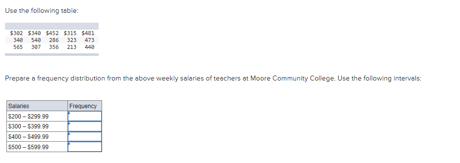 Solved Use the following table: $302 $340 $452 $315 $481 340 | Chegg.com