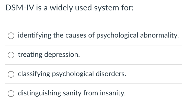 Solved DSM-IV is a widely used system for:identifying the | Chegg.com