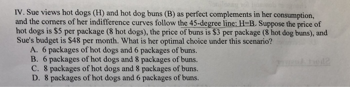 Solved Sue views hot dogs (H) and hot dog buns (B) as | Chegg.com