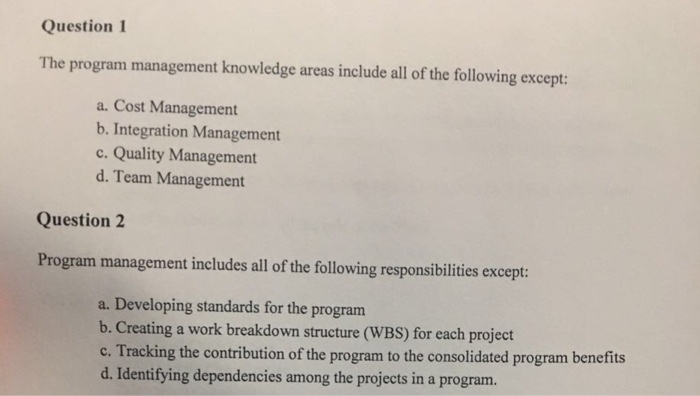 Solved Question 1 The program management knowledge areas | Chegg.com