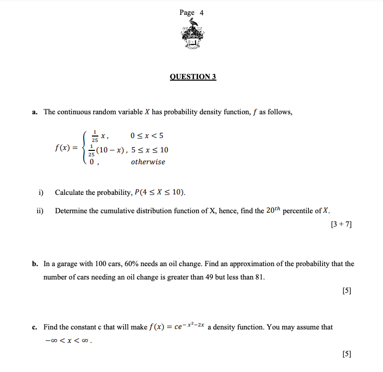 Solved Page 4 QUESTION 3 a. The continuous random variable X | Chegg.com