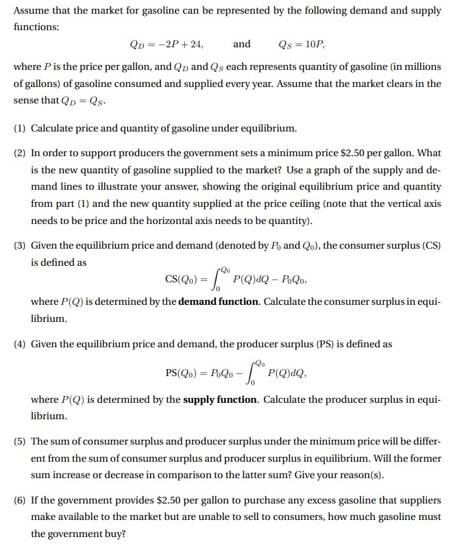 Solved Assume that the market for gasoline can be | Chegg.com