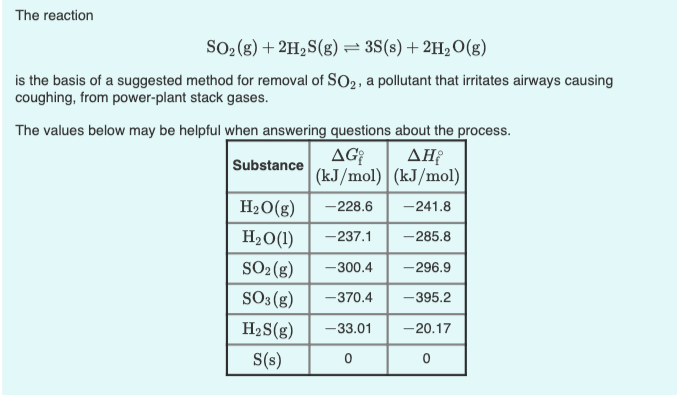 Solved The reaction SO2(g) + 2H2S(g) = 3S(s) + 2H2O(g) is | Chegg.com