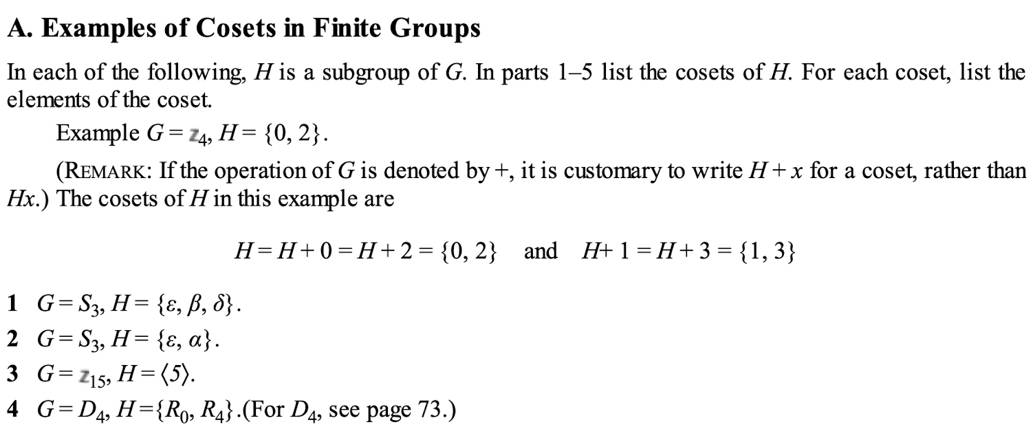 Solved A. Examples of Cosets in Finite Groups In each of the | Chegg.com