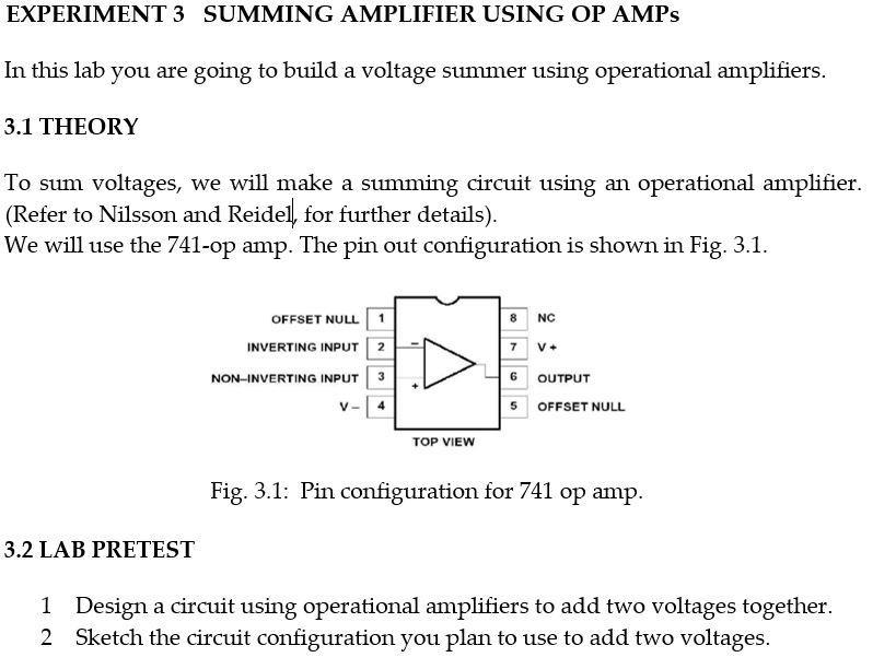 Solved EXPERIMENT 3 SUMMING AMPLIFIER USING OP AMPs In this | Chegg.com