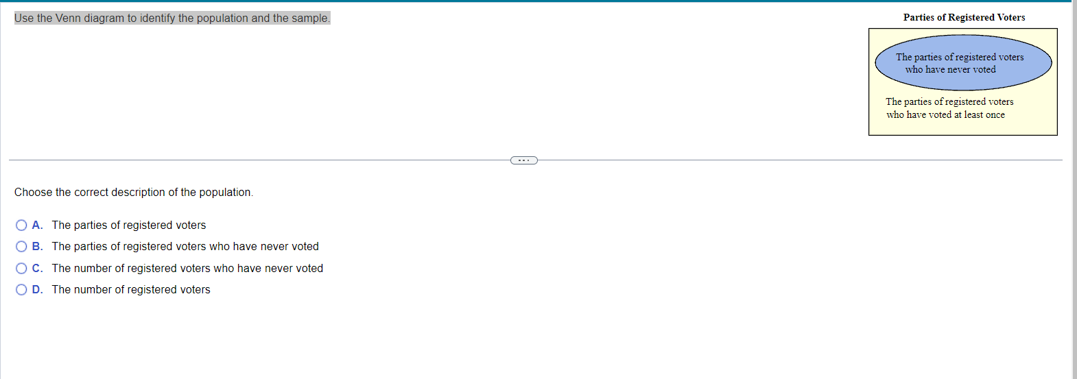 Solved Use the Venn diagram to identify the population and | Chegg.com