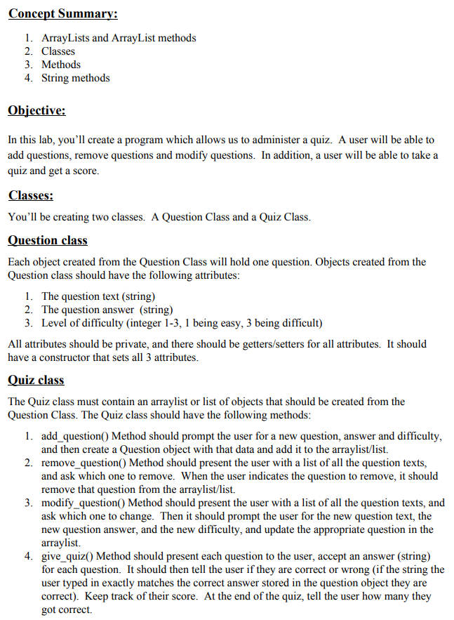 Solved Concept Summary: 1. ArrayLists and ArrayList methods | Chegg.com