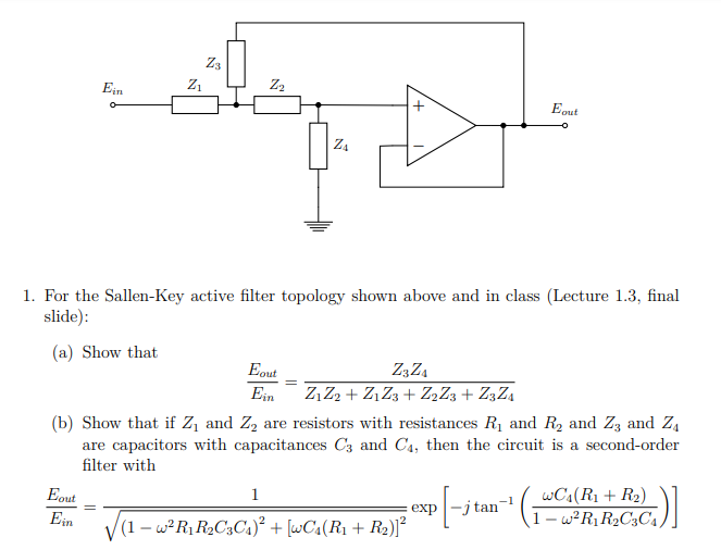 Solved 1. For the Sallen-Key active filter topology shown | Chegg.com