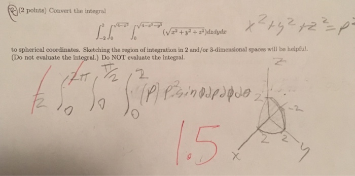 Solved 2 points) Convert the integral 2 to spherical | Chegg.com