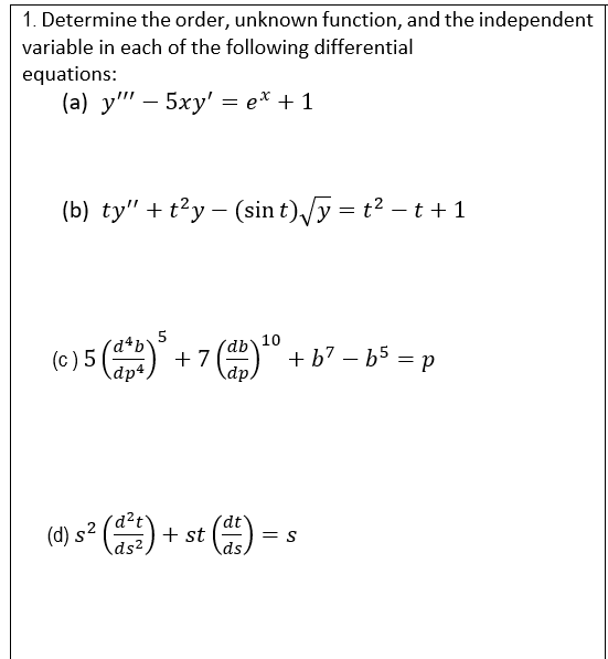 Solved 1. Determine the order, unknown function, and the | Chegg.com