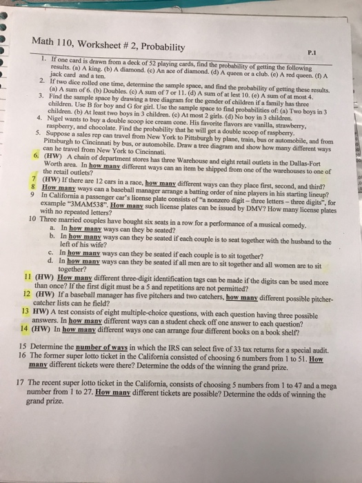 Solved Math 1 10, worksheet # 2, Probability | Chegg.com