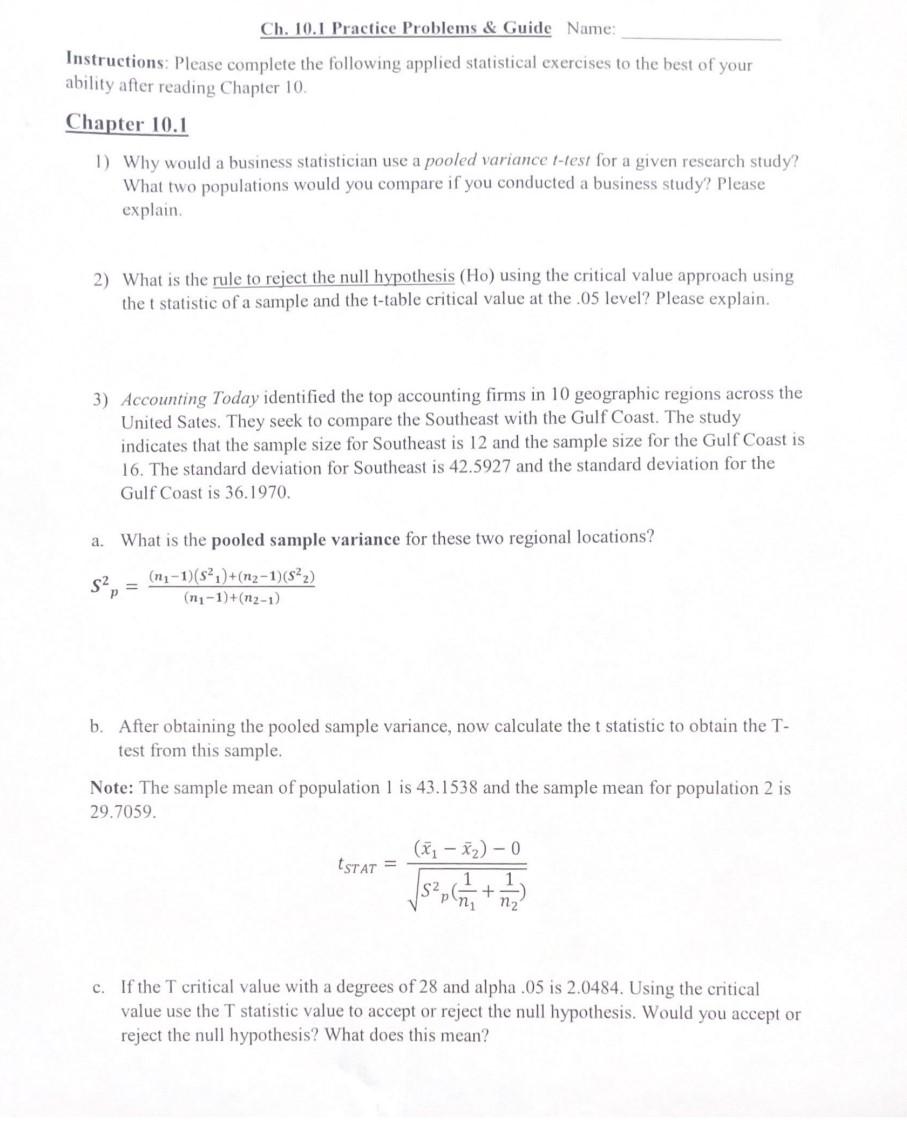 Ch. 10.1 Practice Problems \& Guide Name: | Chegg.com