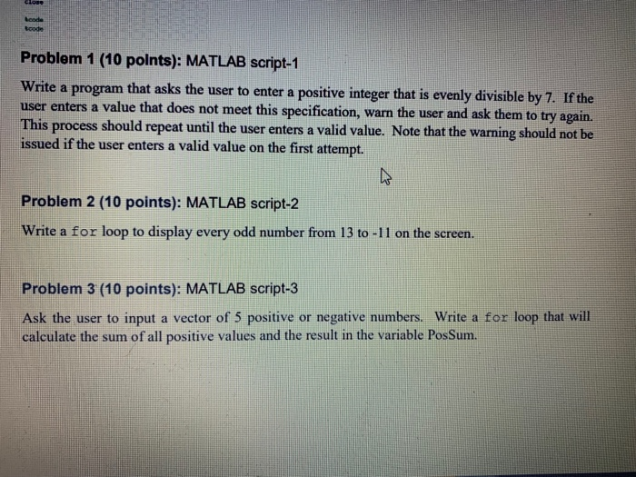 Solved code bcode Problem 1 (10 polnts): MATLAB script-1 | Chegg.com