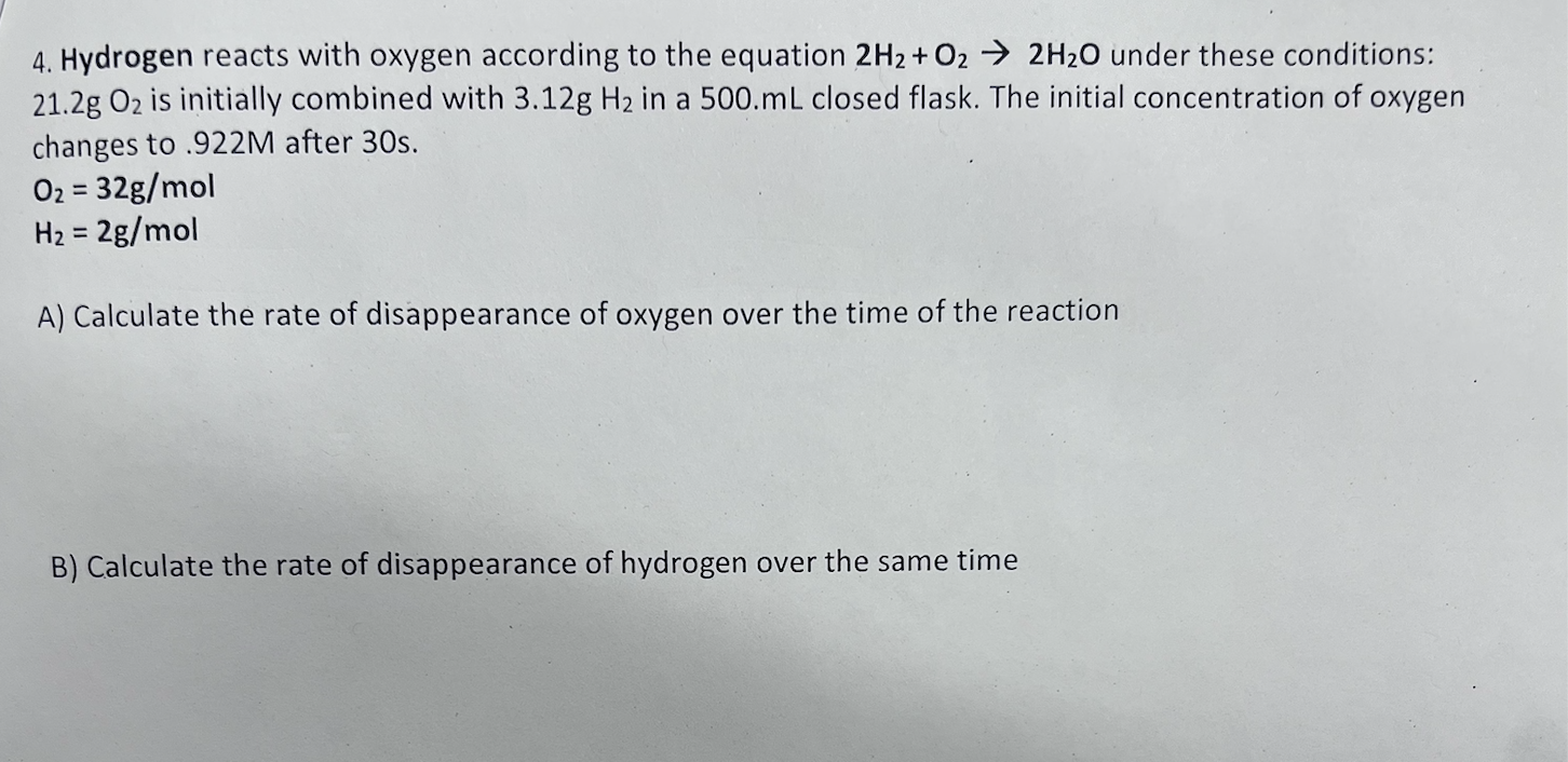 Solved Hydrogen reacts with oxygen according to the equation | Chegg.com