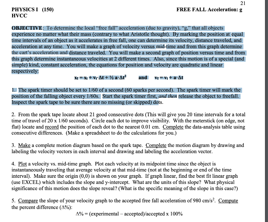 21 FREE FALL Acceleration: g PHYSICS I (150) HVCC | Chegg.com