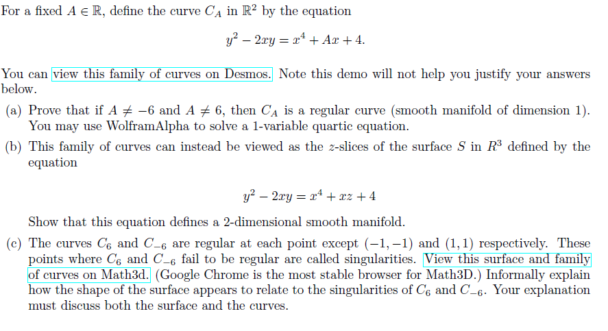 Solved For a fixed A∈R, define the curve CA in R2 by the | Chegg.com