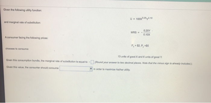 Solved Given the following utility function: and marginal | Chegg.com