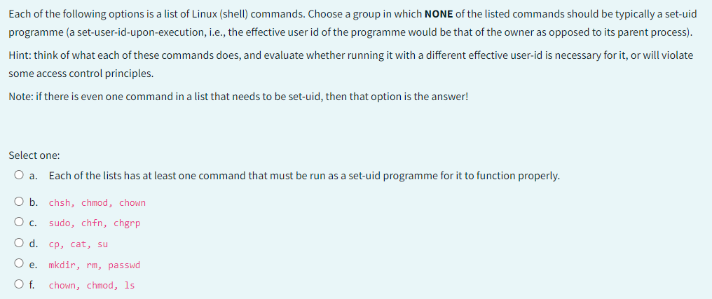 Solved Each of the following options is a list of Linux | Chegg.com
