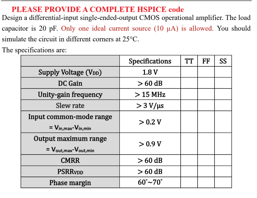 Solved PLEASE PROVIDE A COMPLETE HSPICE codeDesign a | Chegg.com