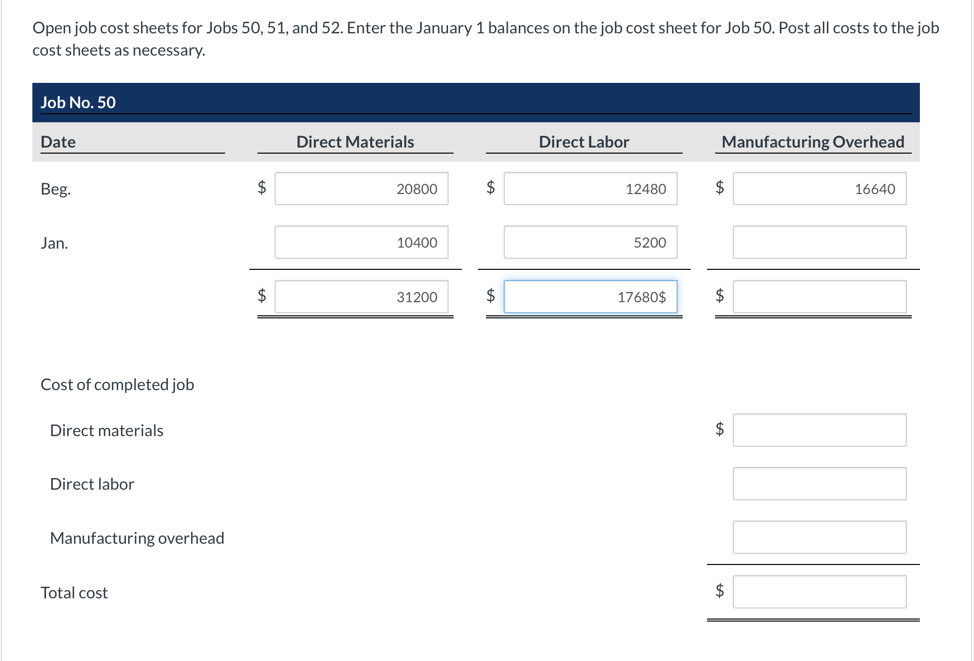 Open job cost sheets for Jobs 50, 51, and 52. Enter | Chegg.com