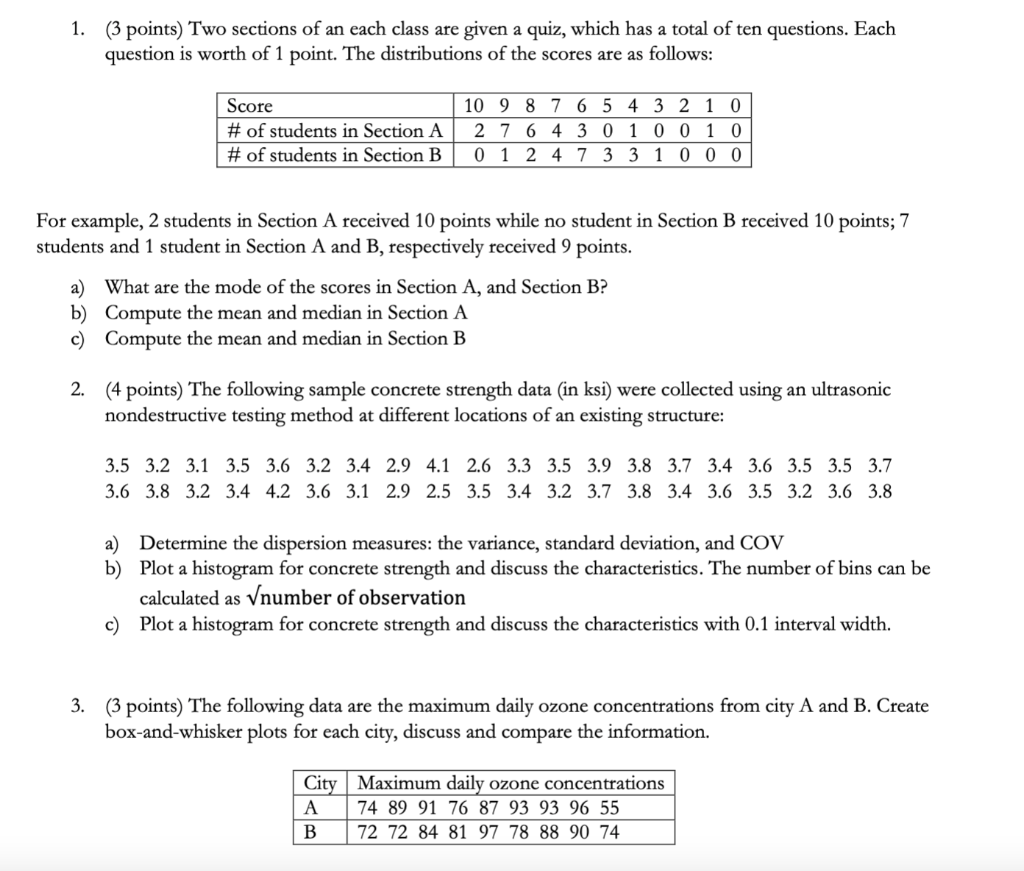 Solved 1. (3 points) Two sections of an each class are given | Chegg.com