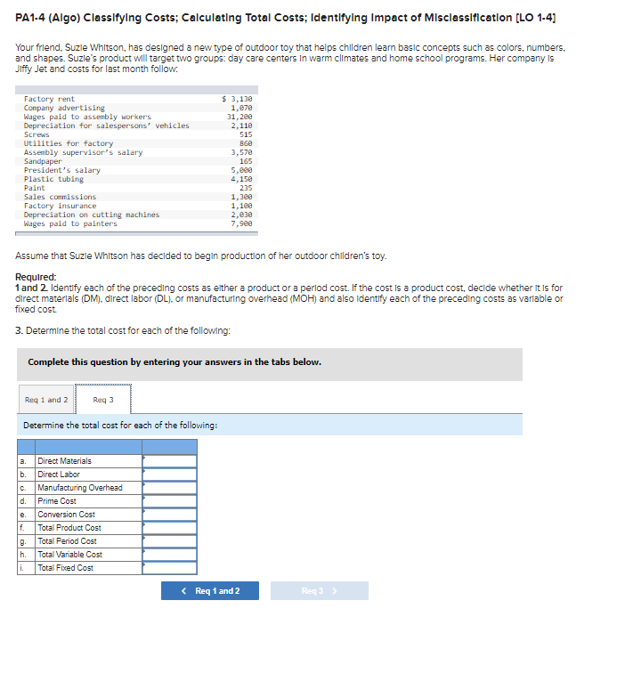 Solved Pa1 4 Algo Classifying Costs Calculating Total 5580