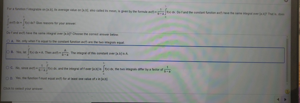 Solved For a function integrable on ſa.b), its average value | Chegg.com