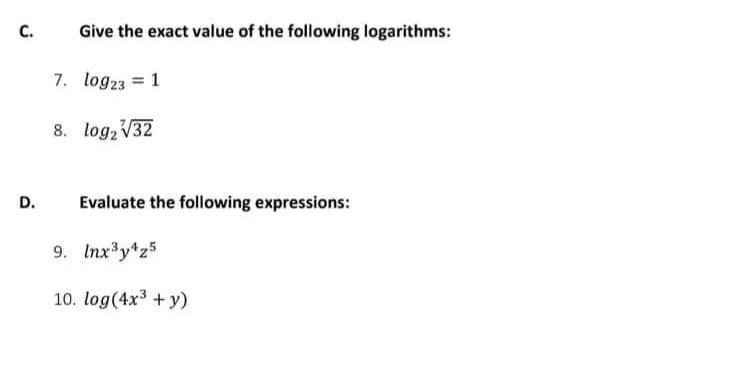 Solved C. Give the exact value of the following logarithms: | Chegg.com