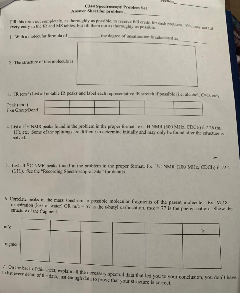 Solved etion C344 Spectroscopy Problem Set Answer Sheet for | Chegg.com