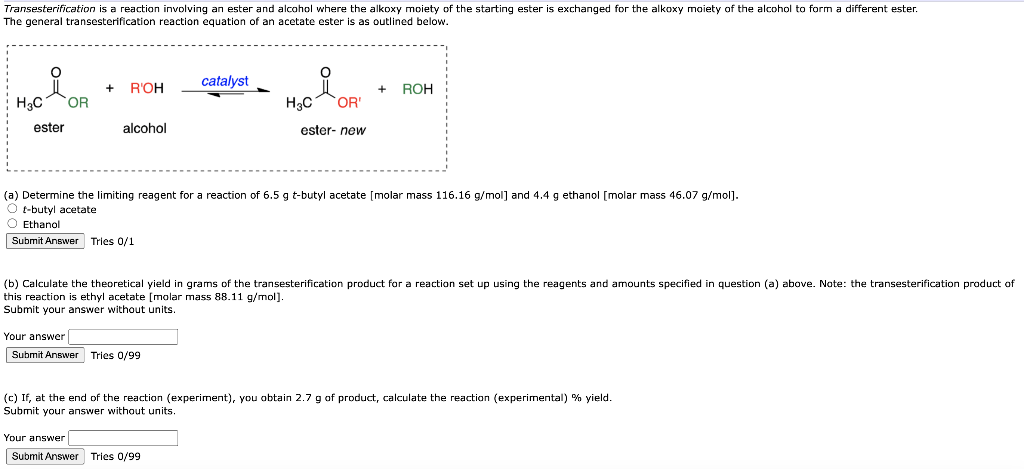 Solved The general transesterification reaction equation of | Chegg.com
