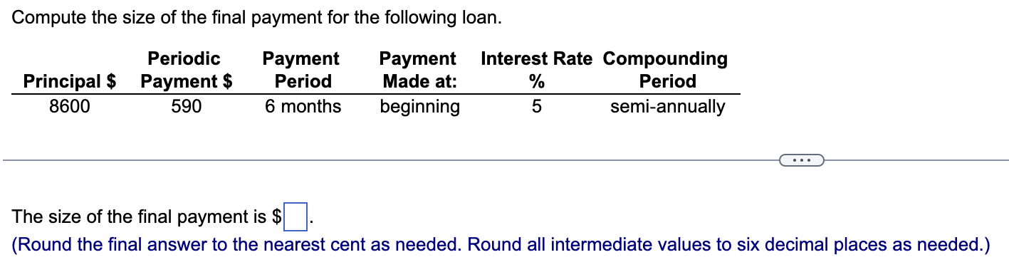 Solved Compute the size of the final payment for the | Chegg.com