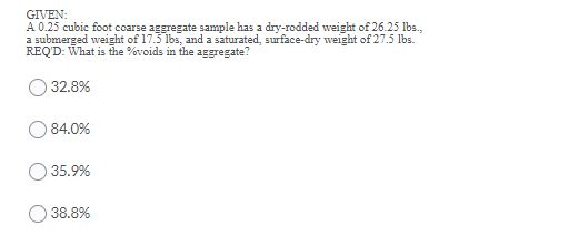 Solved GIVEN: A 0.25 cubic foot coarse aggregate sample has | Chegg.com
