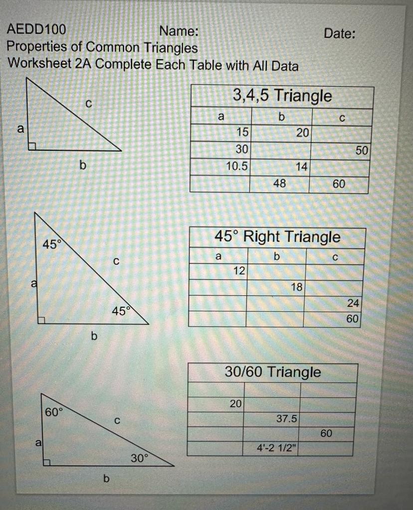 Solved AEDD100 Name: Date: Properties of Common Triangles | Chegg.com