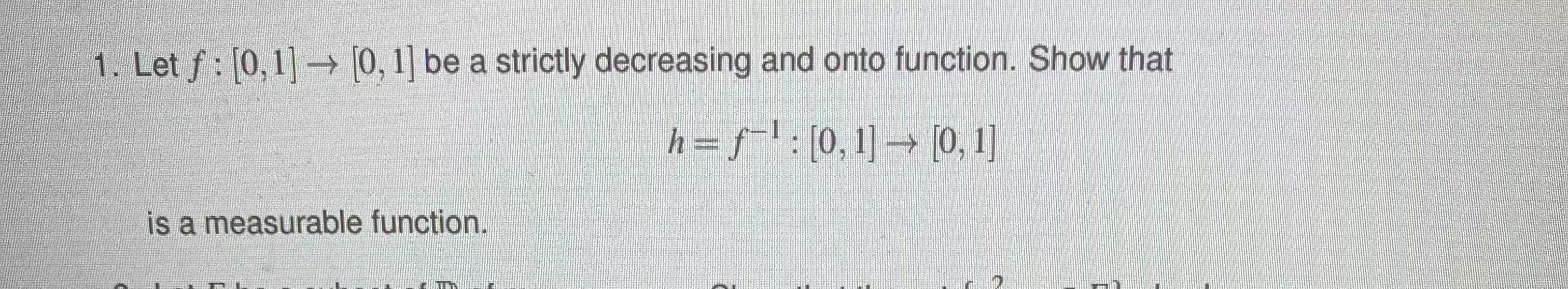Solved 1. Let f : [0,1] → [0, 1] be a strictly decreasing | Chegg.com
