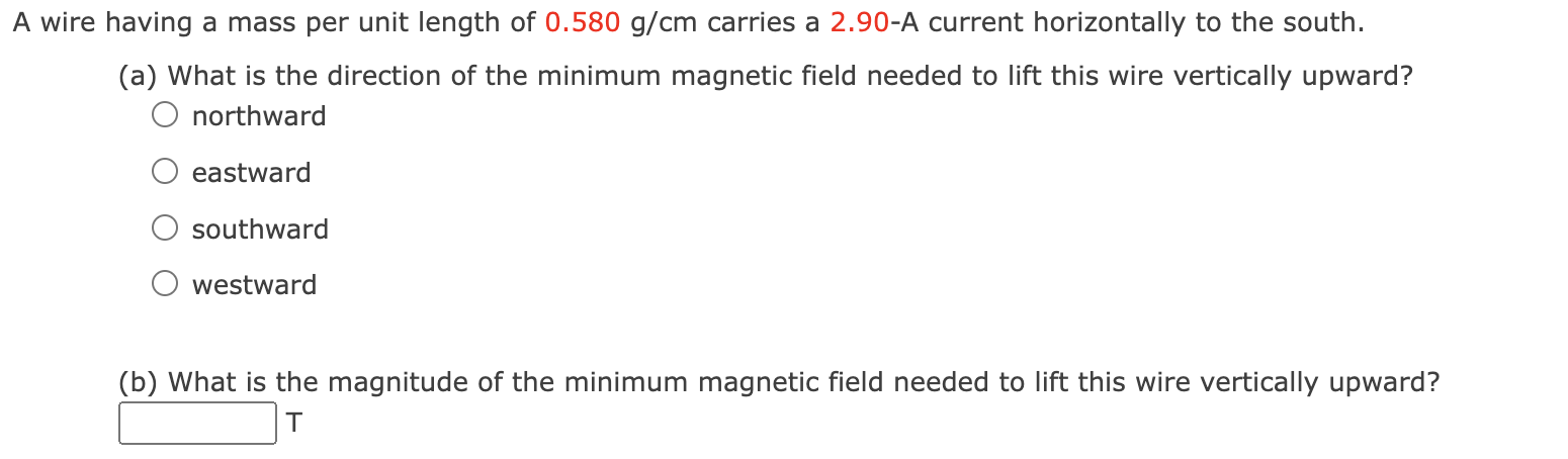 Solved wire having a mass per unit length of 0.580 g/cm | Chegg.com