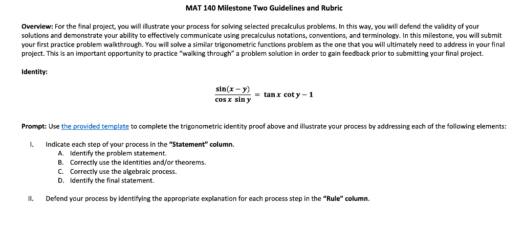 Solved MAT 140 Milestone Two Guidelines and Rubric Overview: | Chegg.com