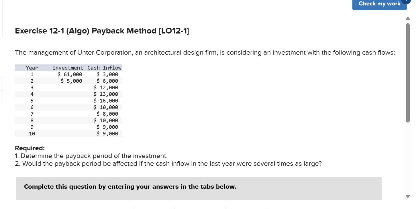 Solved Exercise 12-1 (Algo) ﻿Payback Method [L012-1]The | Chegg.com
