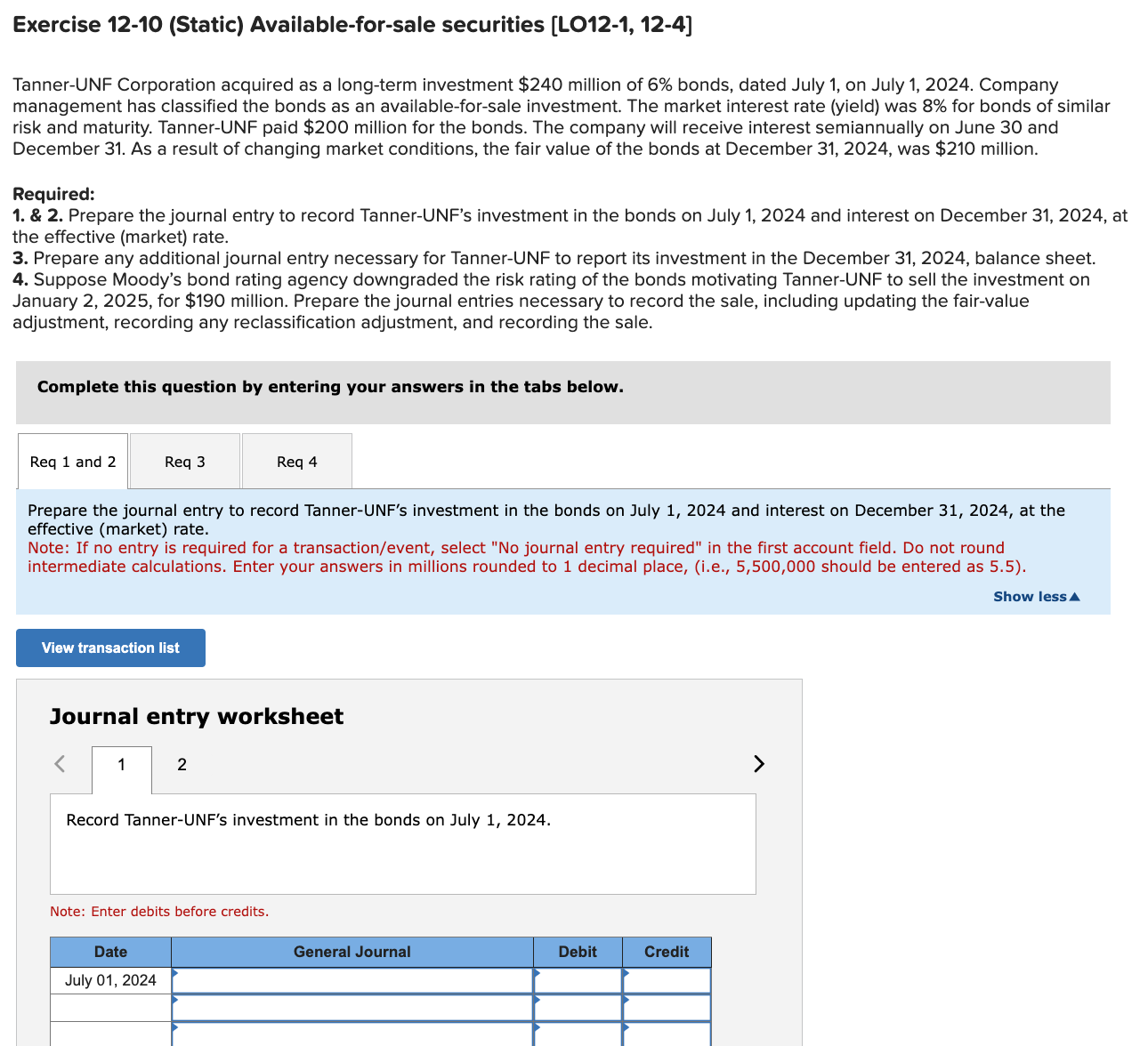 Solved Exercise 12-10 (Static) Available-for-sale securities | Chegg.com
