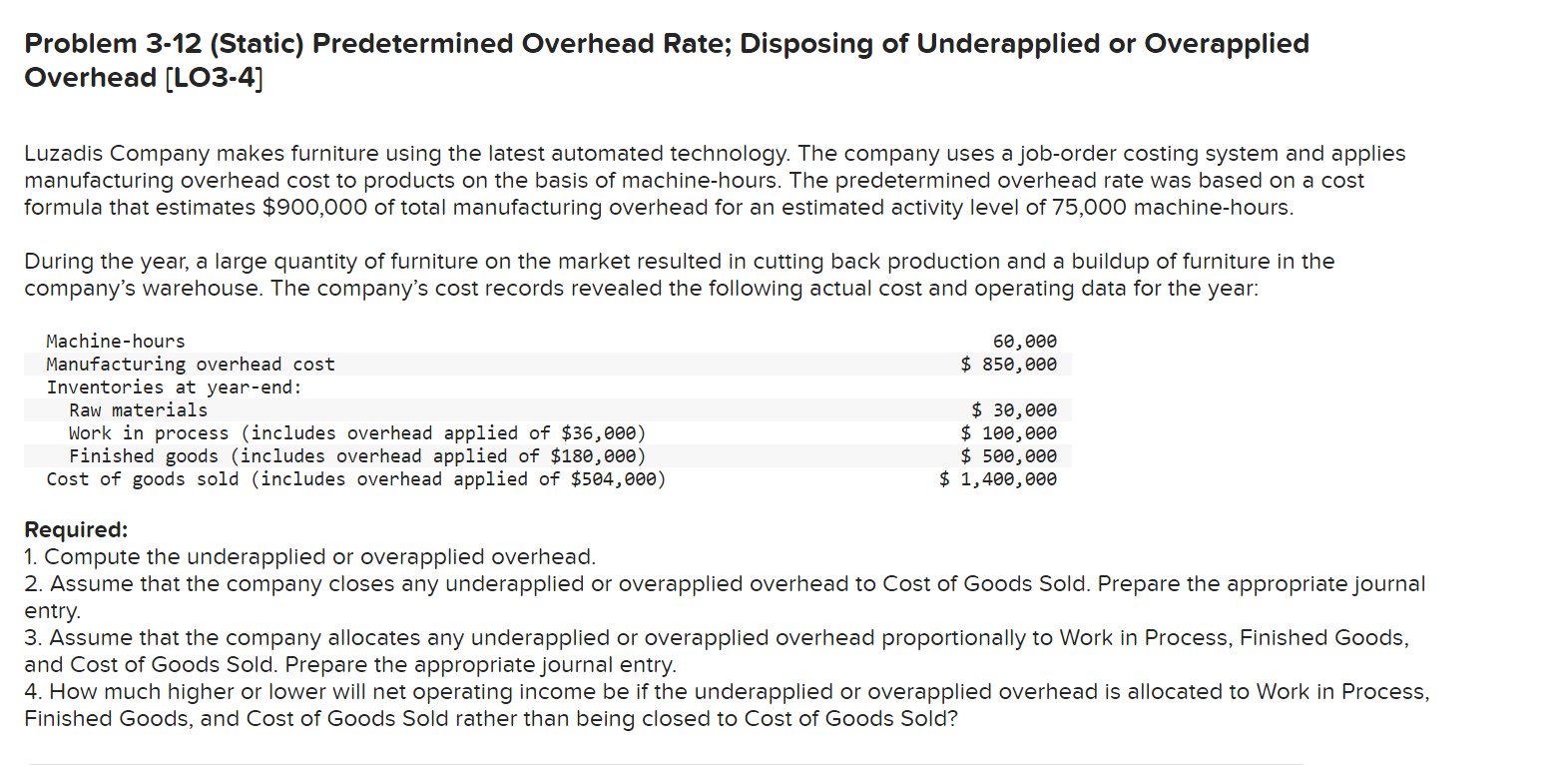 Solved Problem 3-12 (Static) Predetermined Overhead Rate; | Chegg.com
