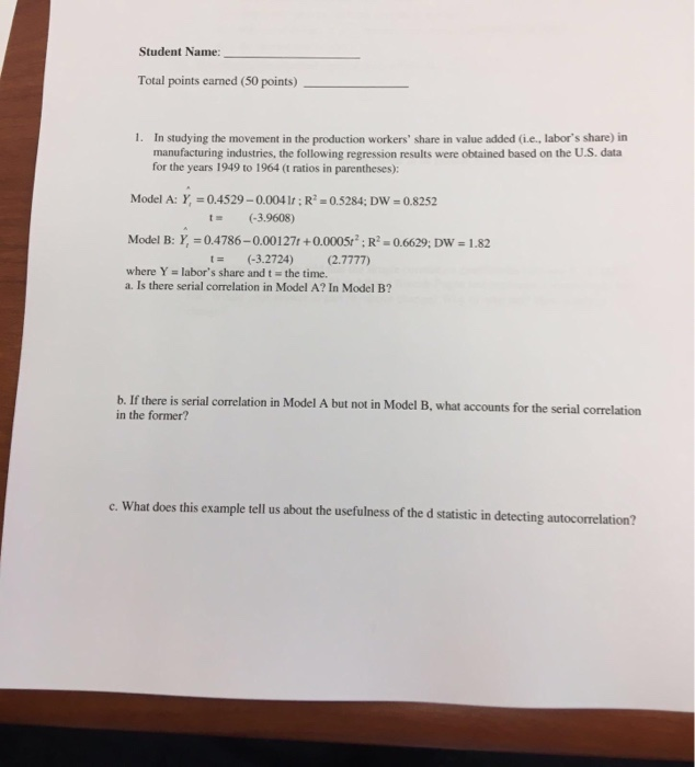 Solved Student Name: Total points earned (50 points) 1. In | Chegg.com