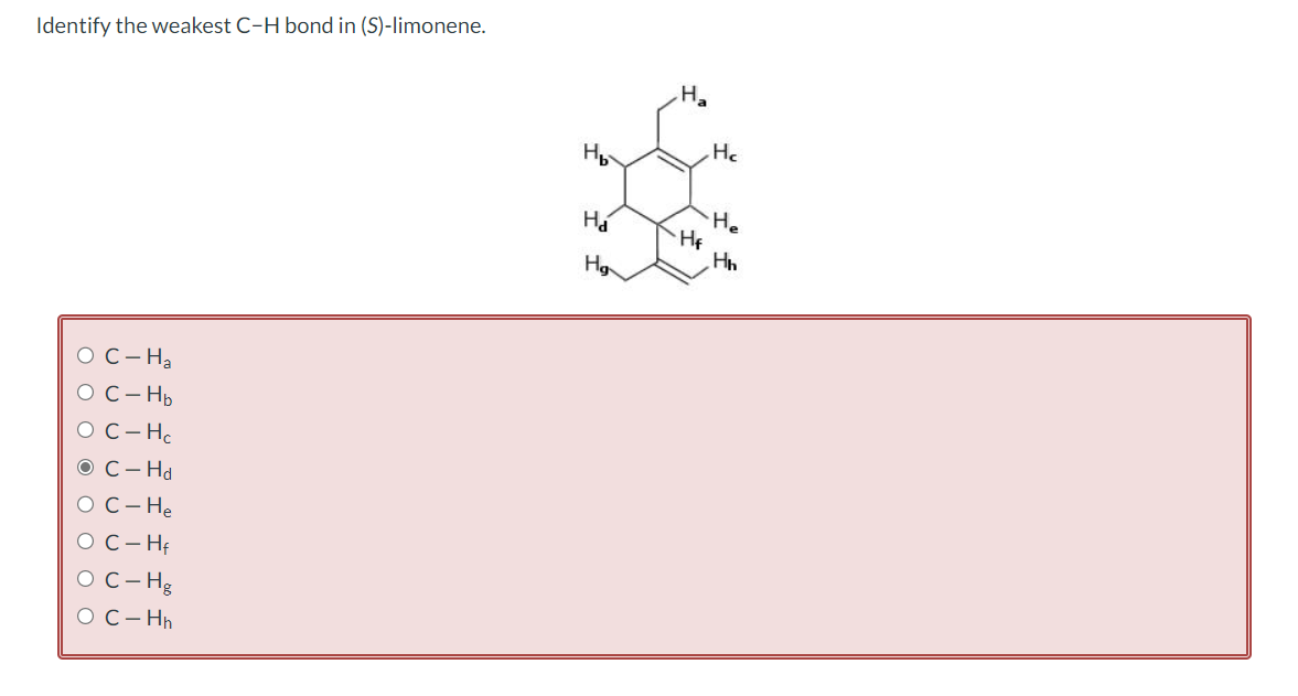 Solved Identify the weakest C−H bond in (S)-limonene. | Chegg.com
