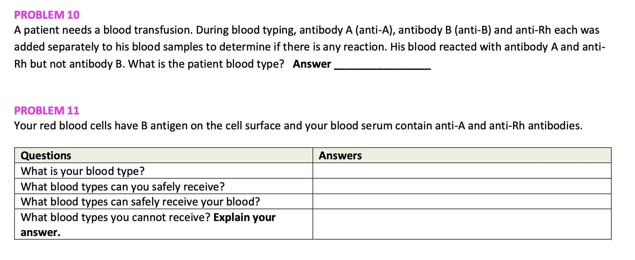 Solved PROBLEM 10 A patient needs a blood transfusion. | Chegg.com