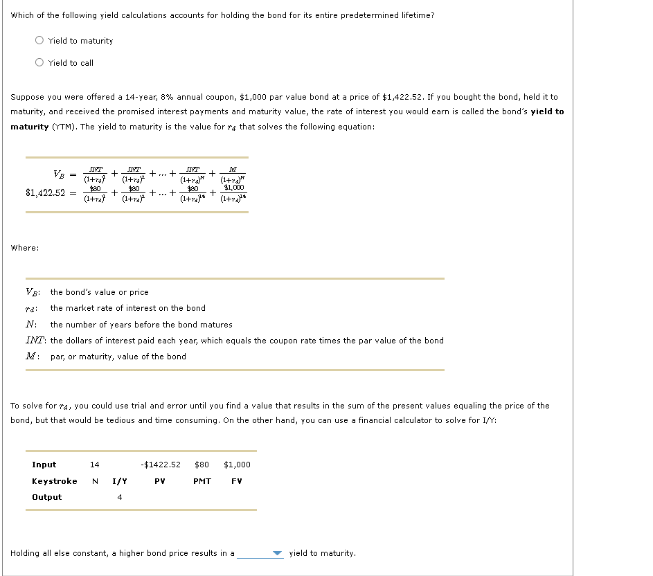 Solved Which of the following yield calculations accounts | Chegg.com