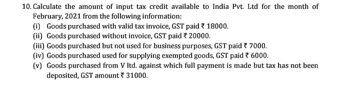 Solved 10. Calculate the amount of input tax credit | Chegg.com