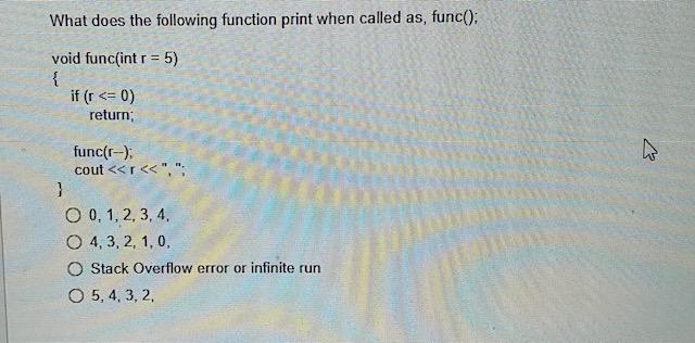 Solved What does the following function print when called | Chegg.com